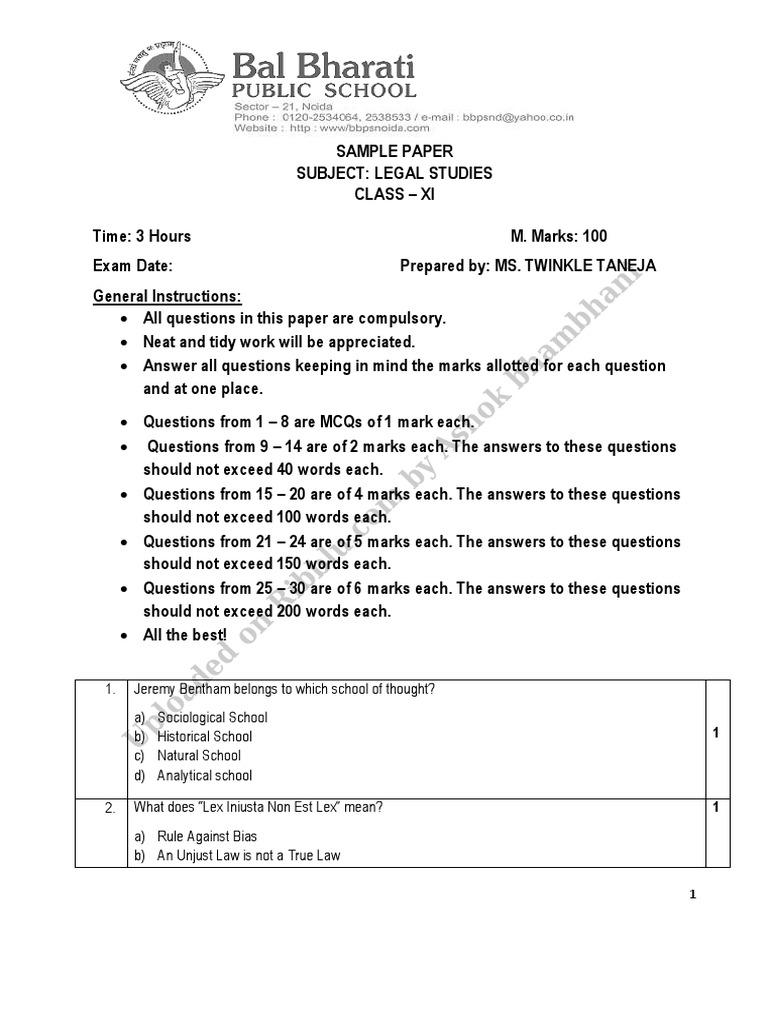 Class 11th Xi Legal Studies 2017 Model Sample Paper | PDF | Marriage | Divorce