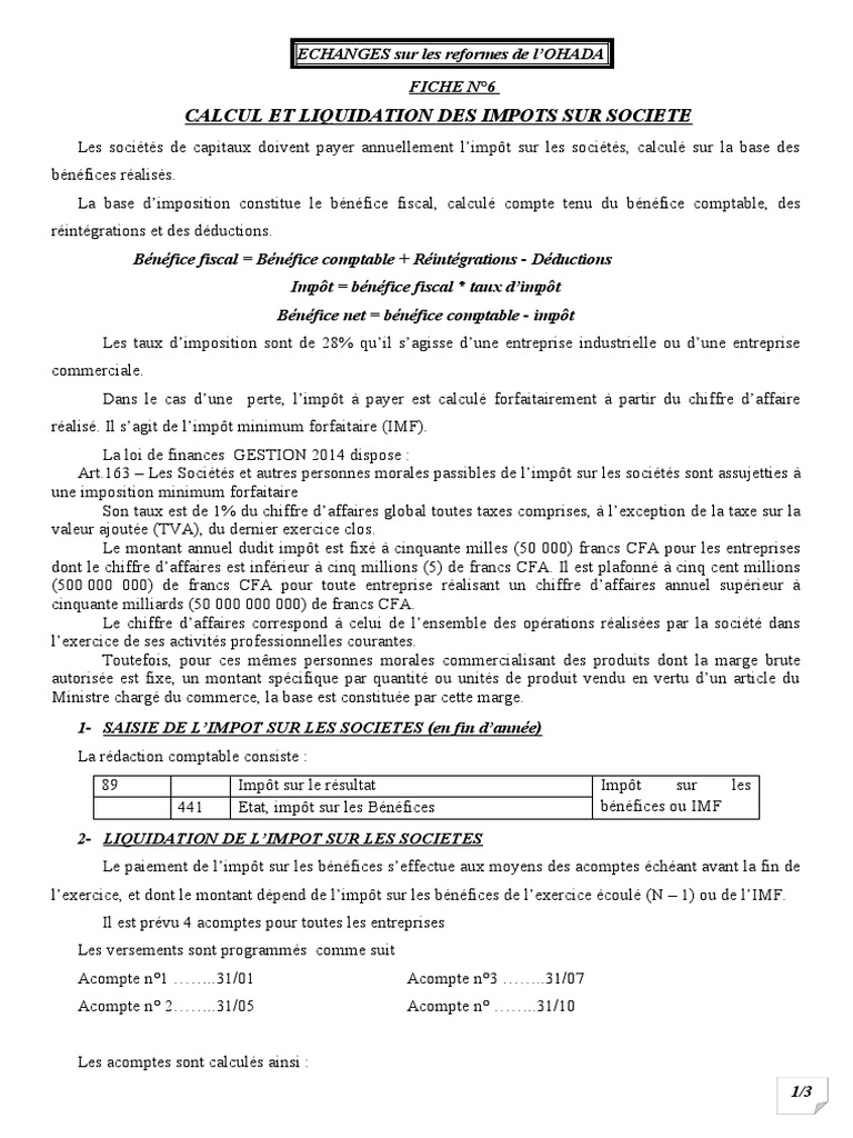 Fiche N°6 Calcul Et Liquidation Des Impots Sur Societe | PDF | Financement du gouvernement | Impôts