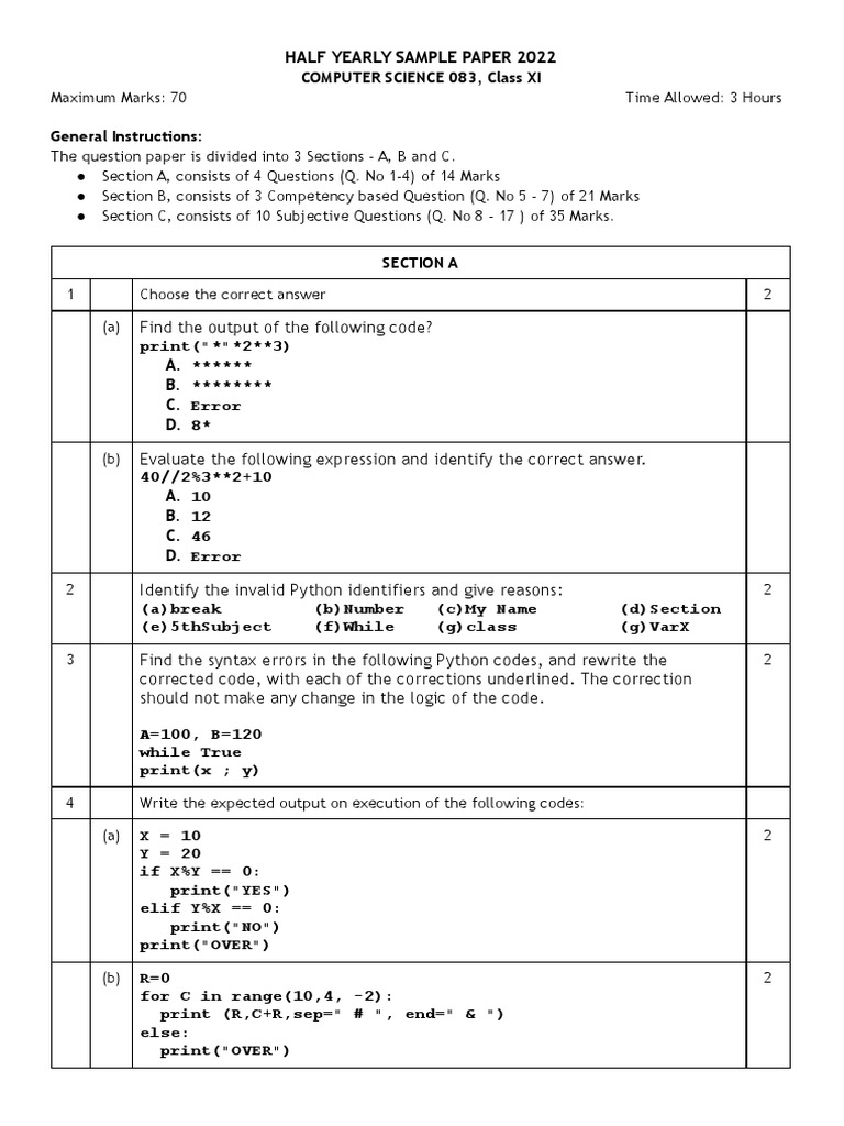 11 CS Hy Sample Paper 2022 | PDF | Computer Engineering | Computer Programming