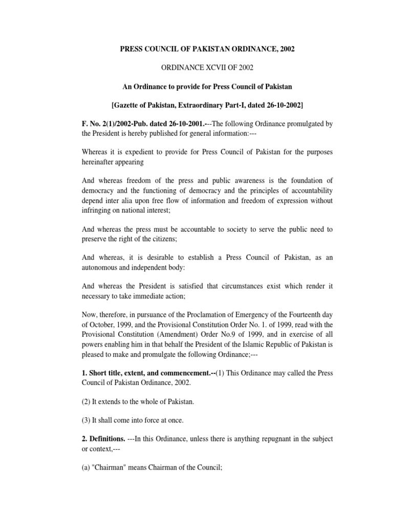 Pakistan Press Council of Pakistan Ordinance 2002 | PDF | News | Newspapers