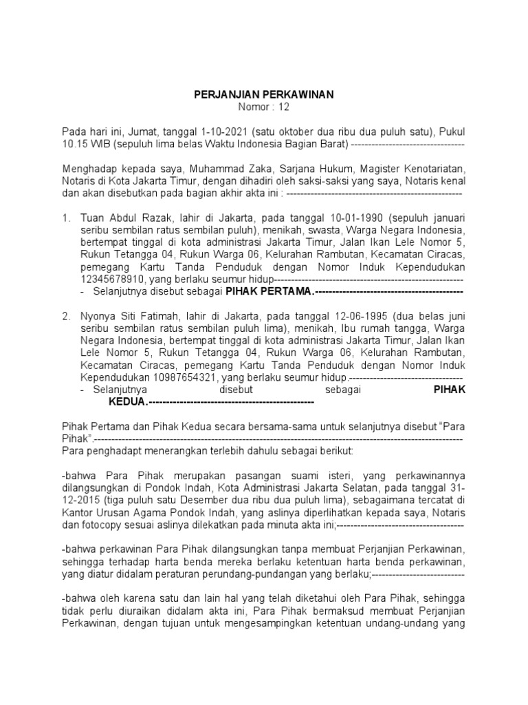 Akta Perjanjian Kawin-Pisah Harta | PDF