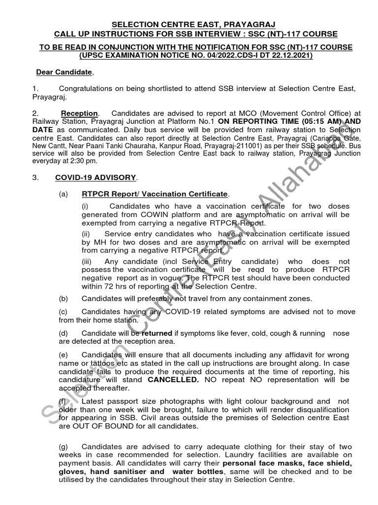 Call Up Letter Sce Allahabad For SSC (NT) 117 Apr 2023 Course | PDF ...