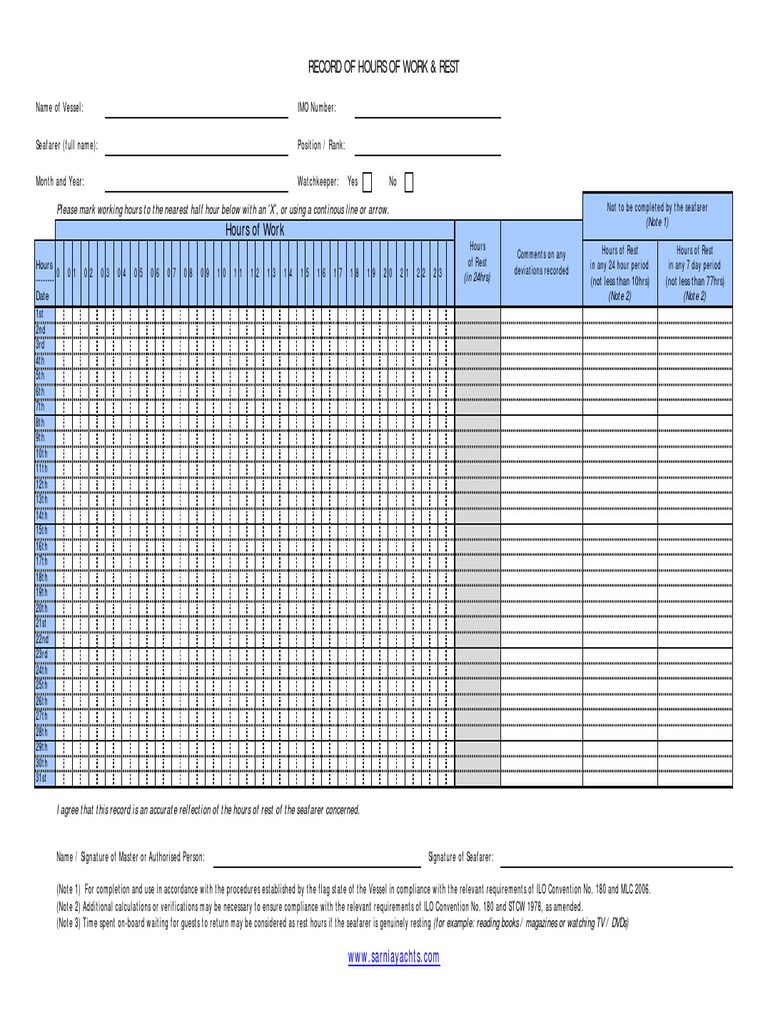 1 Record of Hours of Work and Rest Printable | PDF | Military Operations