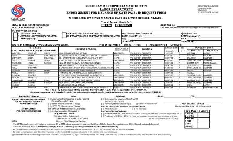 SBMA Gate Pass/ID Request Form | PDF | Access Control | Applications Of ...