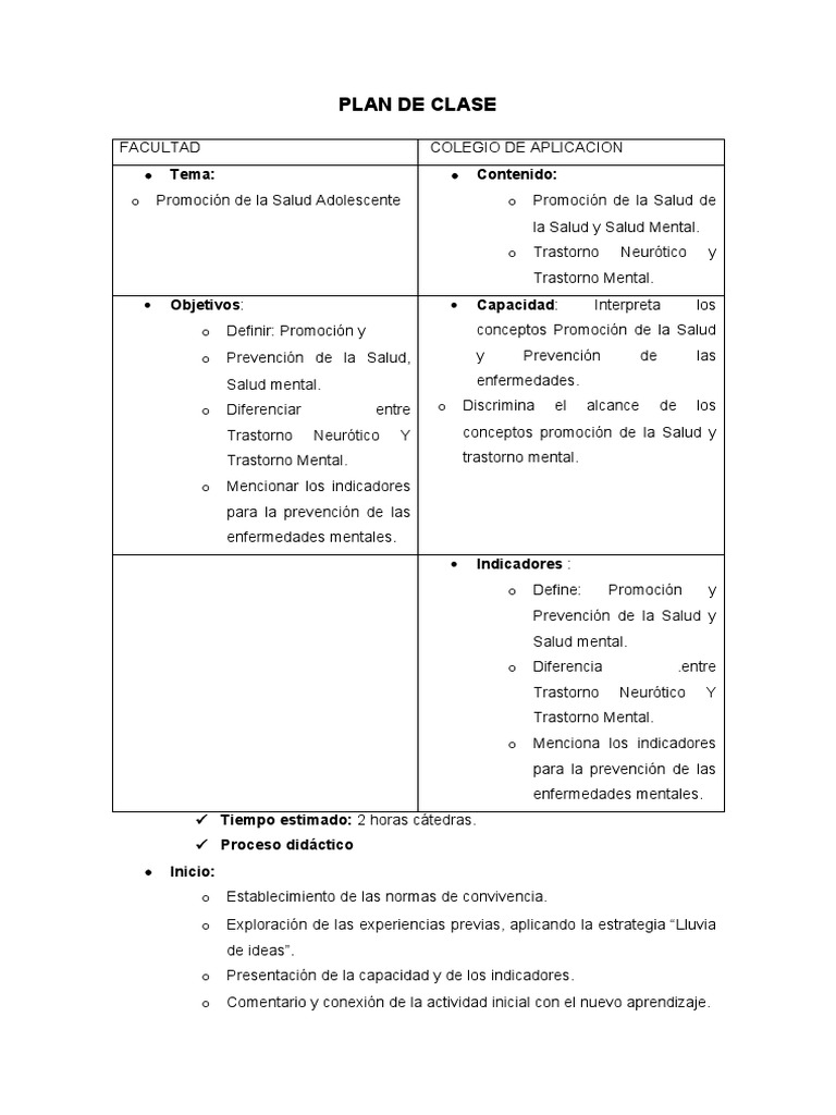 Estructura Del Plan de Clase | PDF | Aprendizaje | Salud mental
