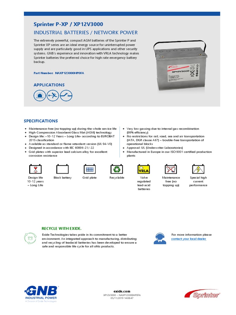 Sprinter XP12V3000 Battery Data Sheet | PDF | Electricity | Electric Power