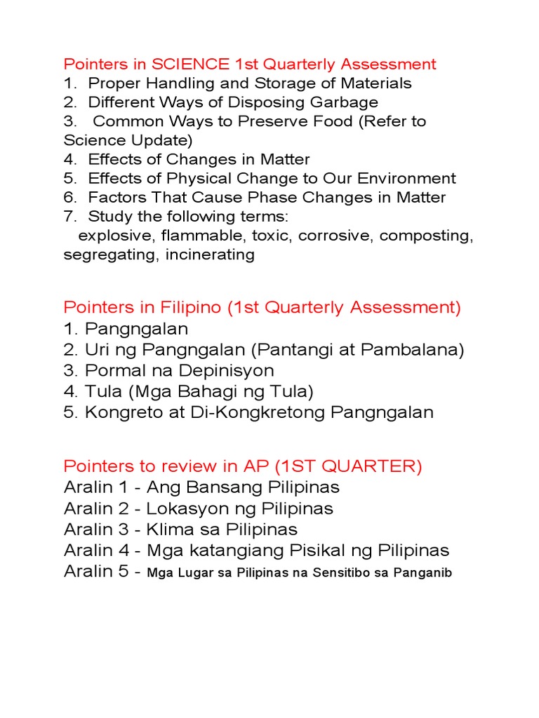 Pointers in SCIENCE 1st Quarterly Assessment | PDF