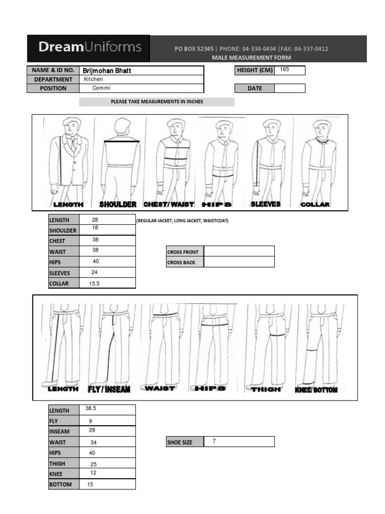 New Dream Uniforms - Measurement Form (Male) | PDF