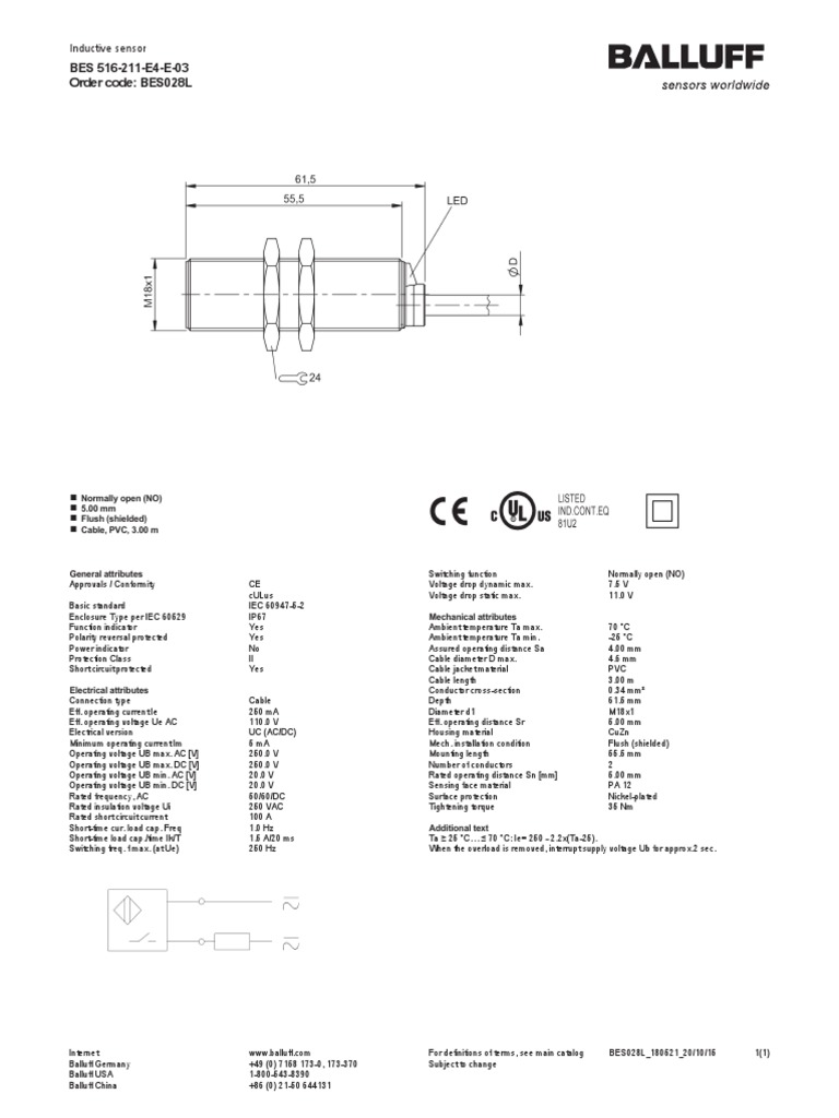 Balluff BES028L Datasheet | PDF | Alternating Current | Switch