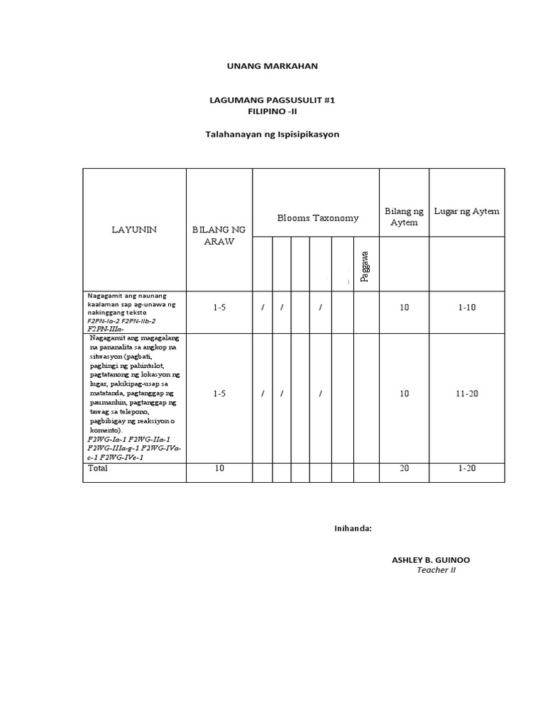 FILIPINO - Q1 - ST With TOS | PDF