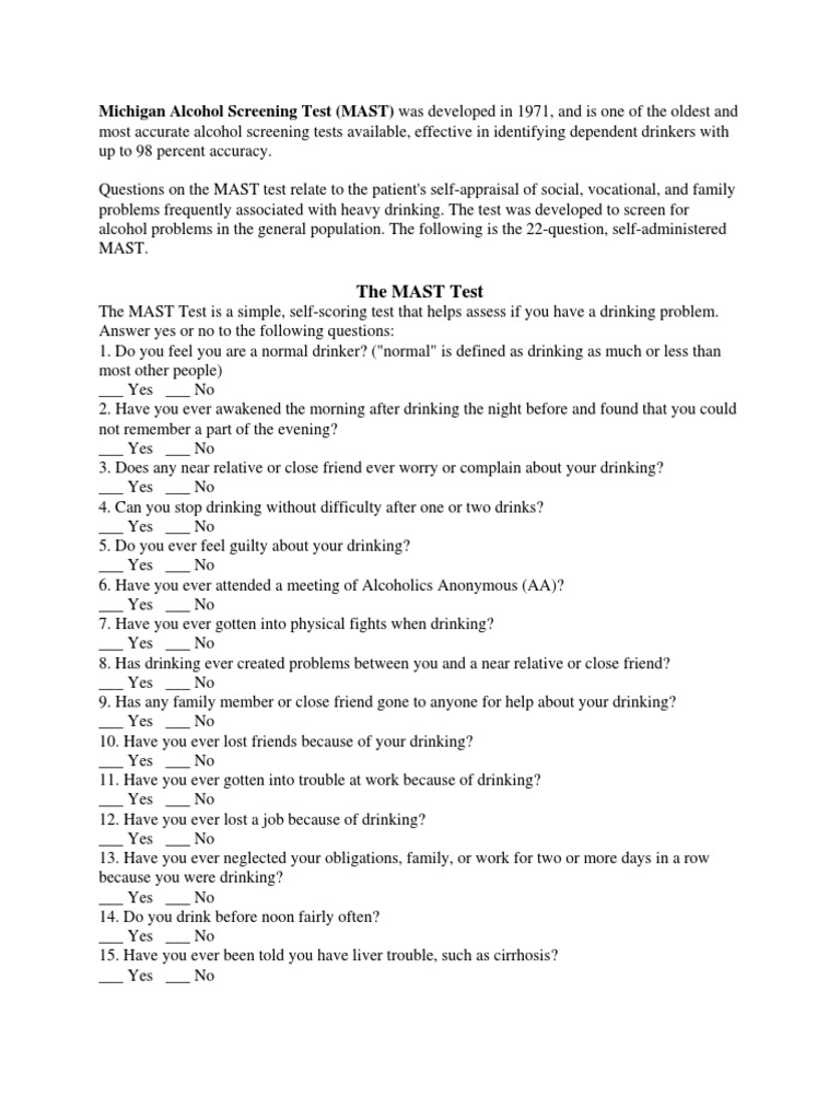 Michigan Alcohol Screening Test (MAST) | PDF | Alcoholism | Alcoholics ...