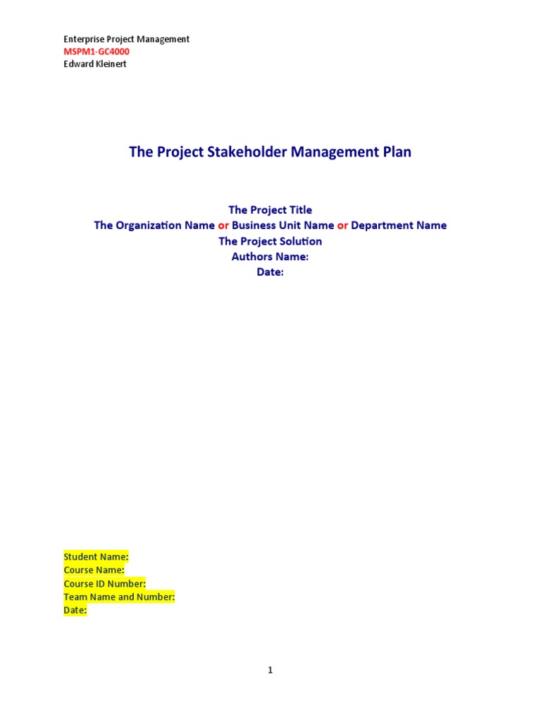 The Project Stakeholder Management Plan MSPM1-GC4000 TEMPLATE | PDF ...