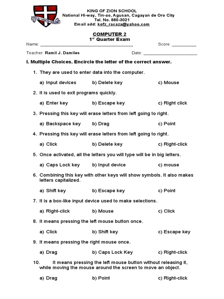 1st Quarter Exam | PDF | Division (Mathematics) | Input/Output