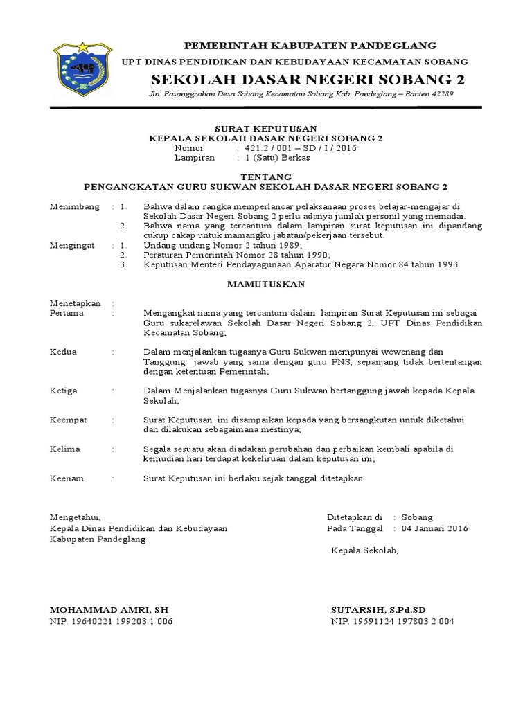 Contoh SK Pengangkatan Guru Honorer | PDF