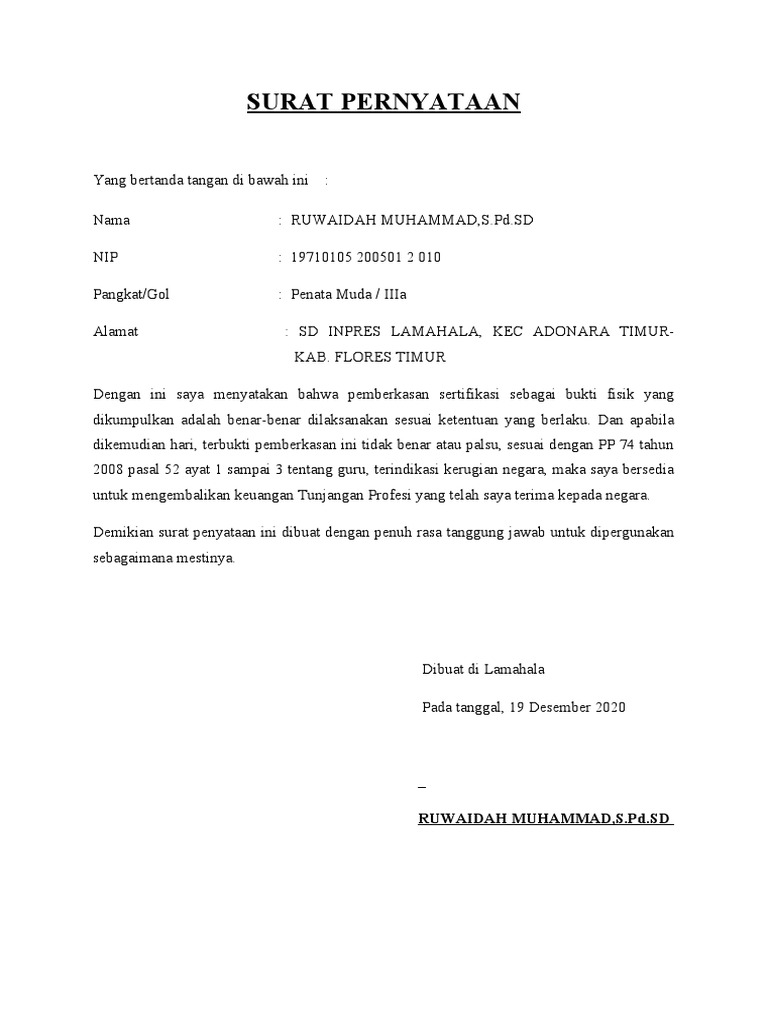 SURAT PERNYATAAN Sertifikasi Guru | PDF SURAT PERNYATAAN Sertifikasi Guru | PDF