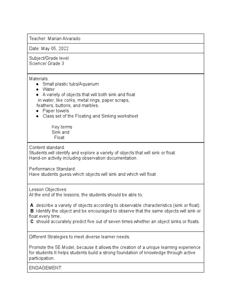 Grade 3 Sink or Float Lesson Plan | PDF | Teachers | Learning