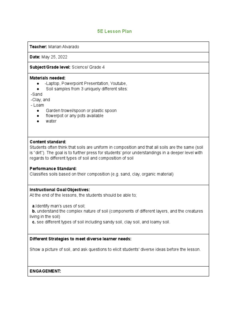 5E Lesson Plan | PDF | Soil | Earth Sciences