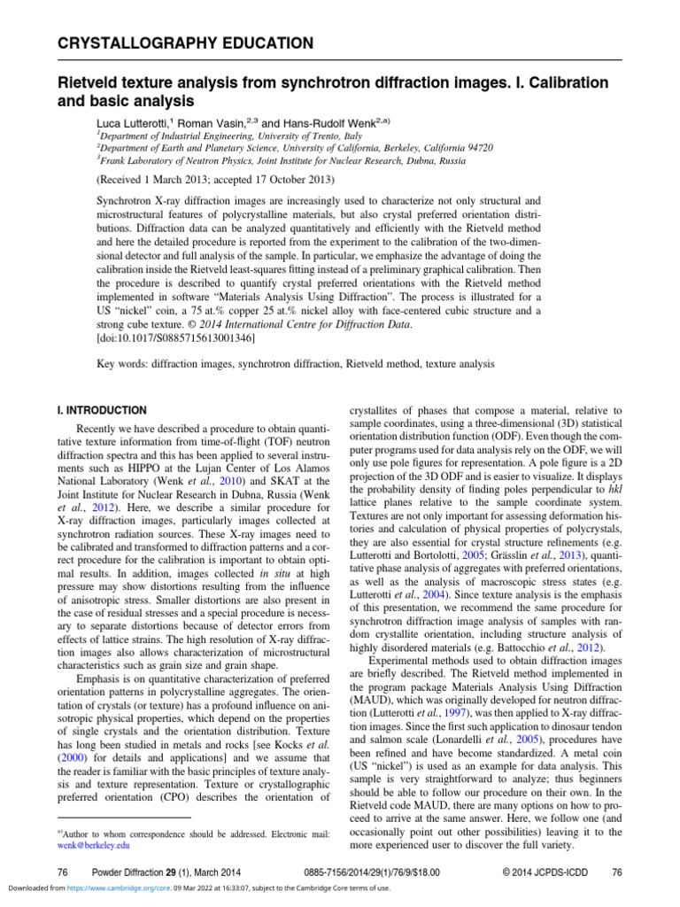 Rietveld Texture Analysis From Synchrotron Diffraction Images I Calibration and Basic Analysis ...
