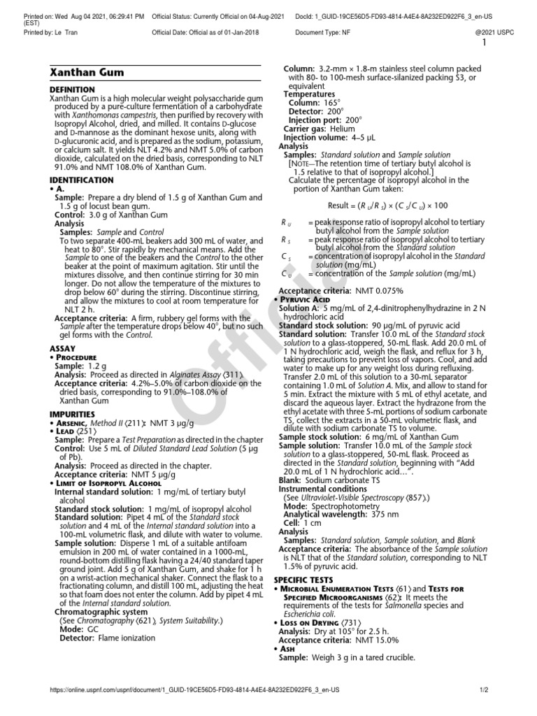 Official Status Xanthan Gum NF Monograph | PDF | Ethanol | Chemistry