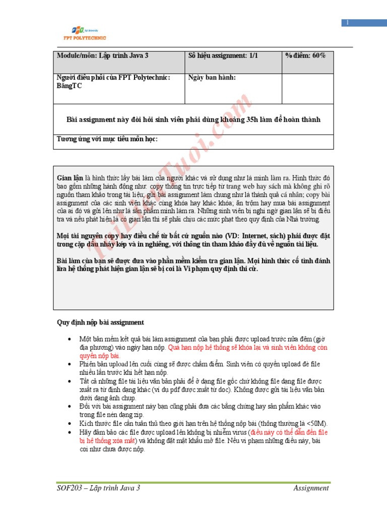 Bài thực hành Lập trình Java 3 - Bài Assignment | PDF