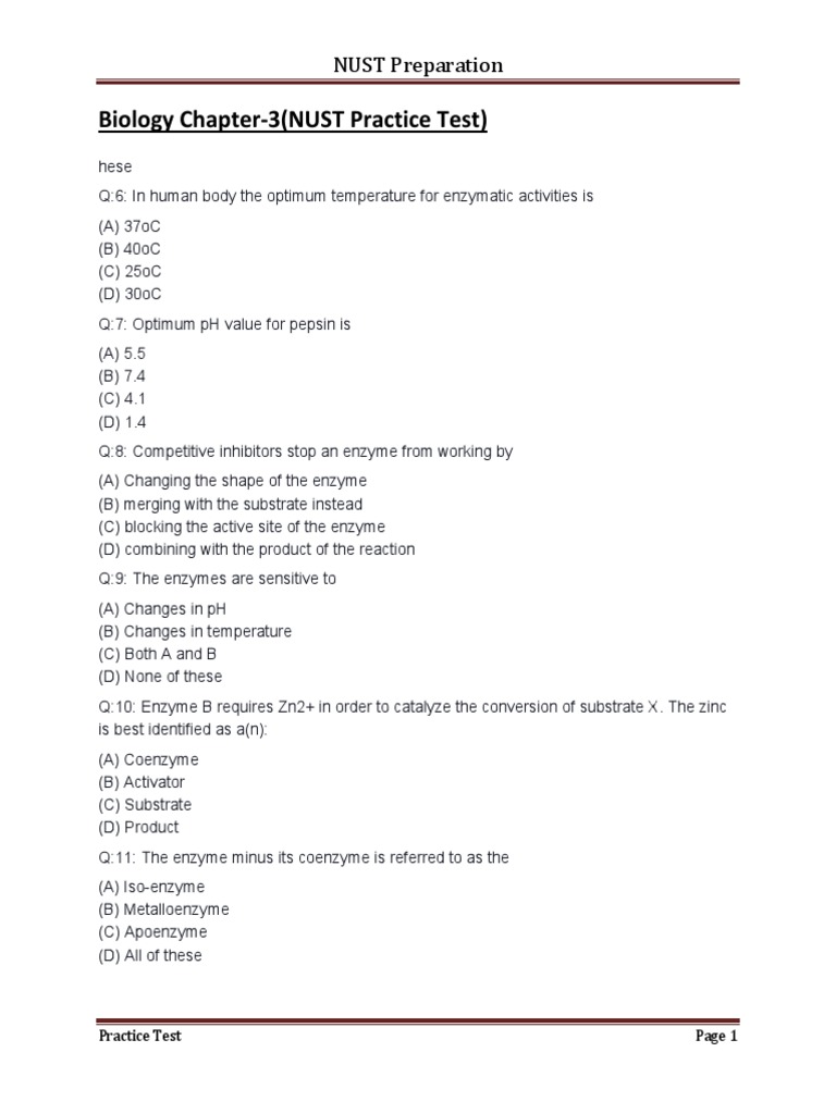 3rd Chapter Biology (Practice Test NUST) | PDF | Enzyme | Enzyme Inhibitor