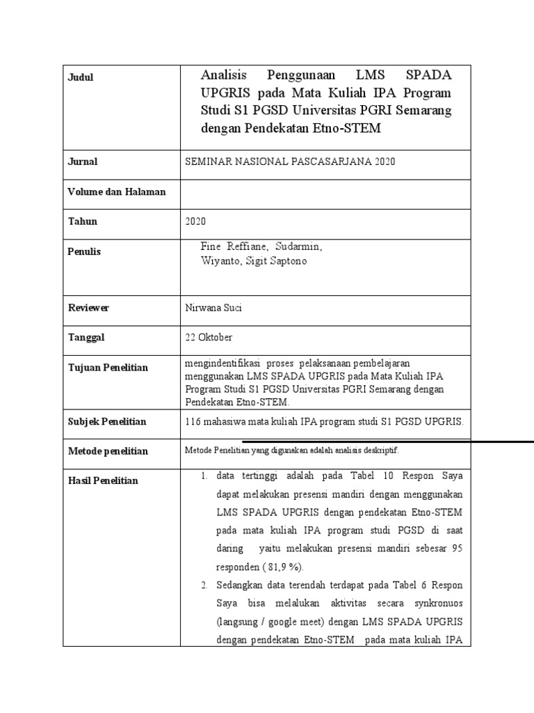 Analisis Penggunaan LMS SPADA UPGRIS Pada Mata Kuliah IPA Program Studi S1 PGSD Universitas PGRI ...