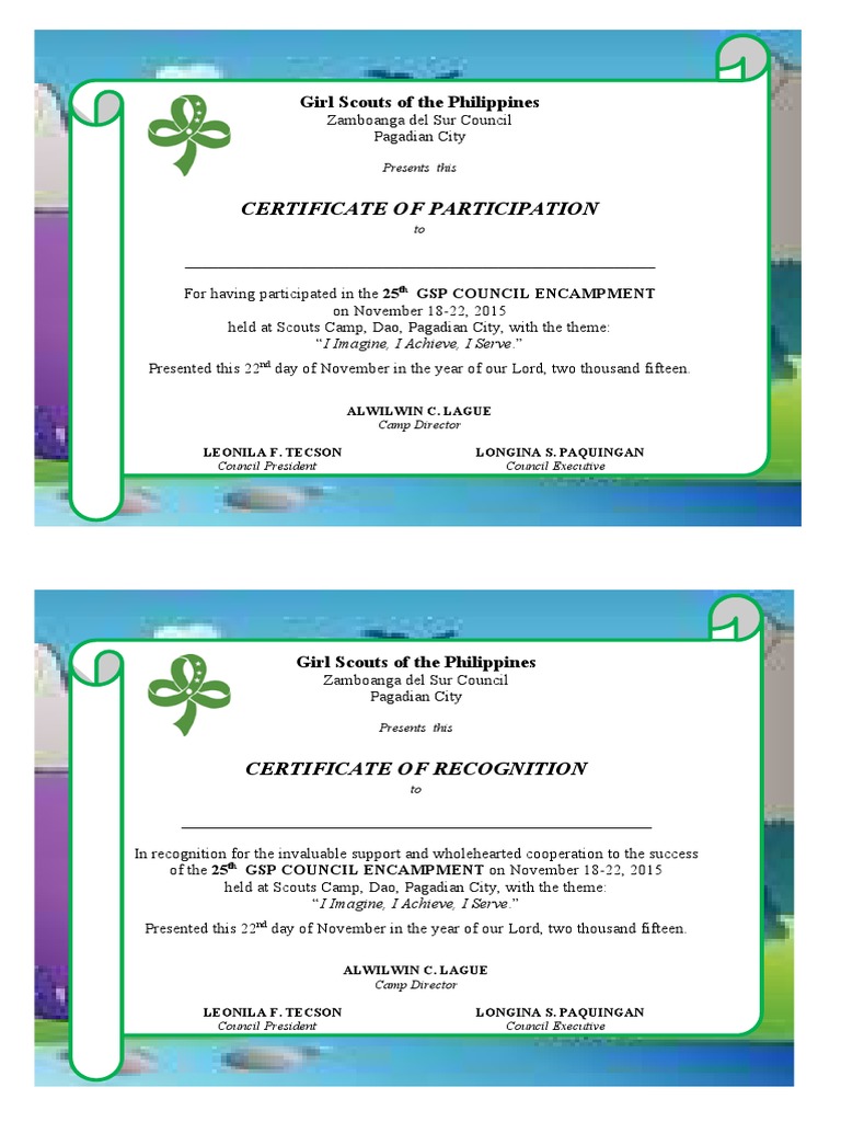 GSP Certificate of Recognition Adult 2015-2-2 | PDF | Girl Guiding And ...