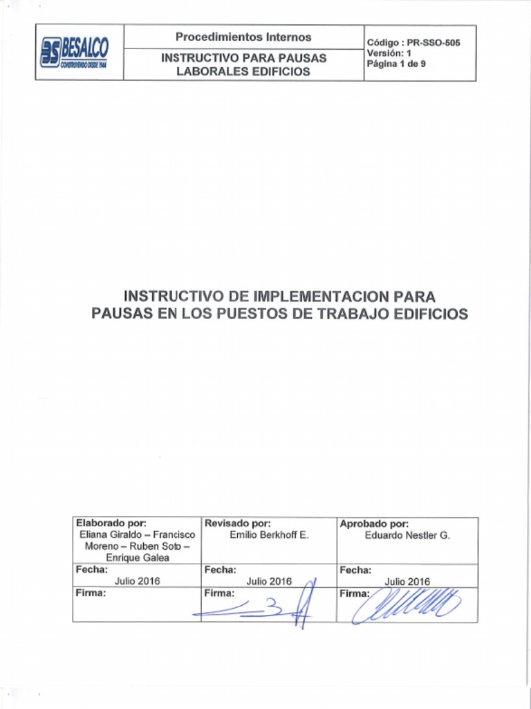 PR-SSO-505 Instructivo de Implementacion para Pausas en Los Puestos de Trabajo Edificios Rev01 | PDF