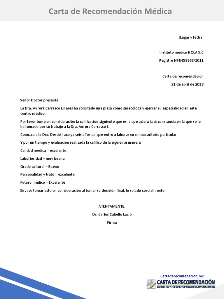 Modelo de Carta de Recomendacion para Medica PDF | PDF