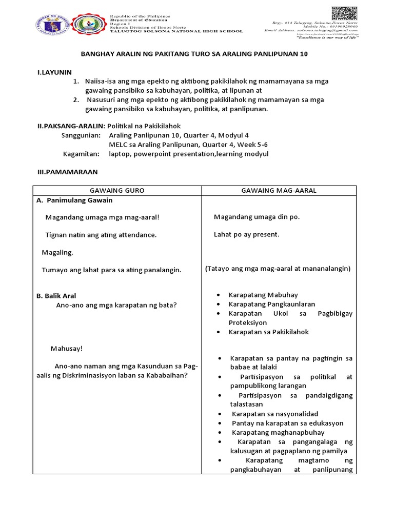 Banghay Aralin NG Pakitang Turo Sa Araling Panlipunan 10 I.Layunin | PDF