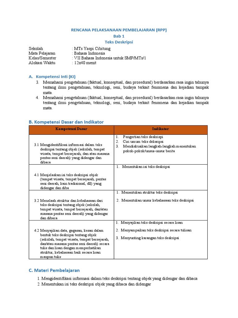 RPP Bab 1 Teks Deskripsi | PDF | Seni & Disiplin Bahasa