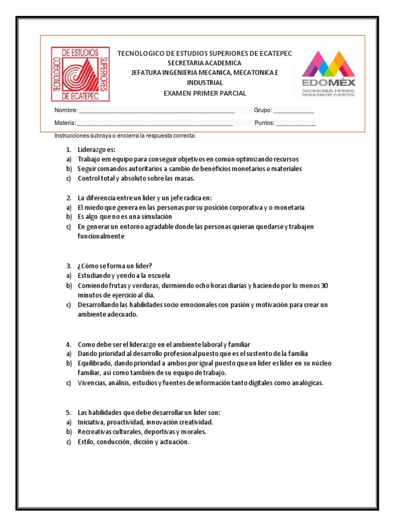 Examen Primer Parcial LIDERAZGO | PDF Examen Primer Parcial LIDERAZGO | PDF