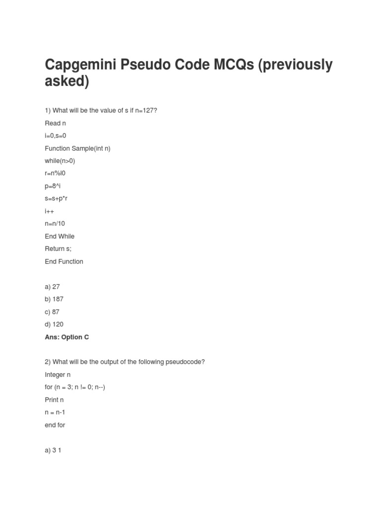 Capgemini Pseudo Code MCQs | PDF
