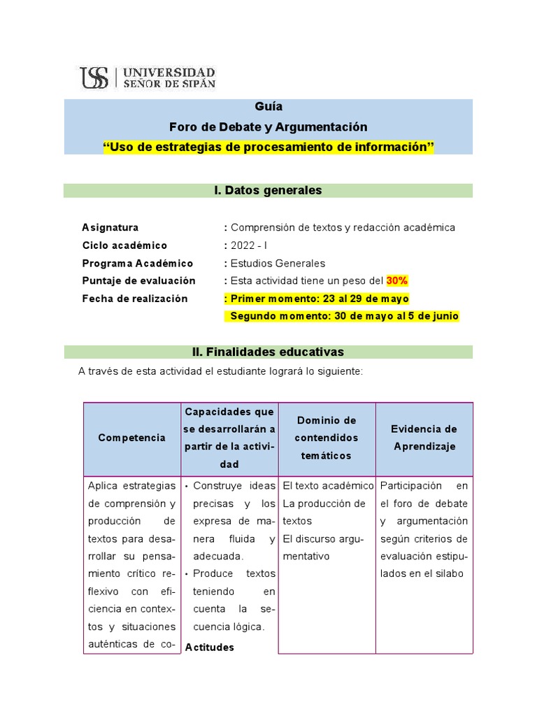 Guía - Foro de Debate y Argumentación - 2022 - I | PDF | Evaluación | Ciencia cognitiva