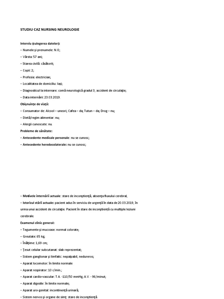 Studiu de Caz Nursing Neurologie Plan de Ingrijire A Unui Pacient in ...