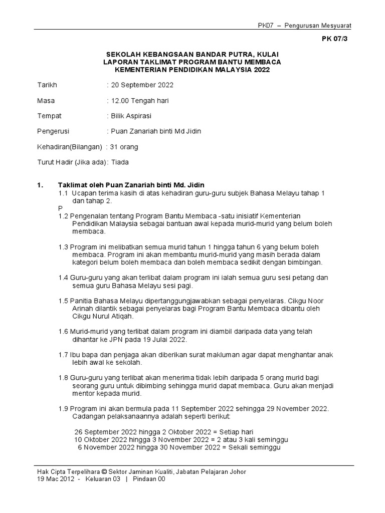 Laporan Taklimat Program Bantu Membaca | PDF