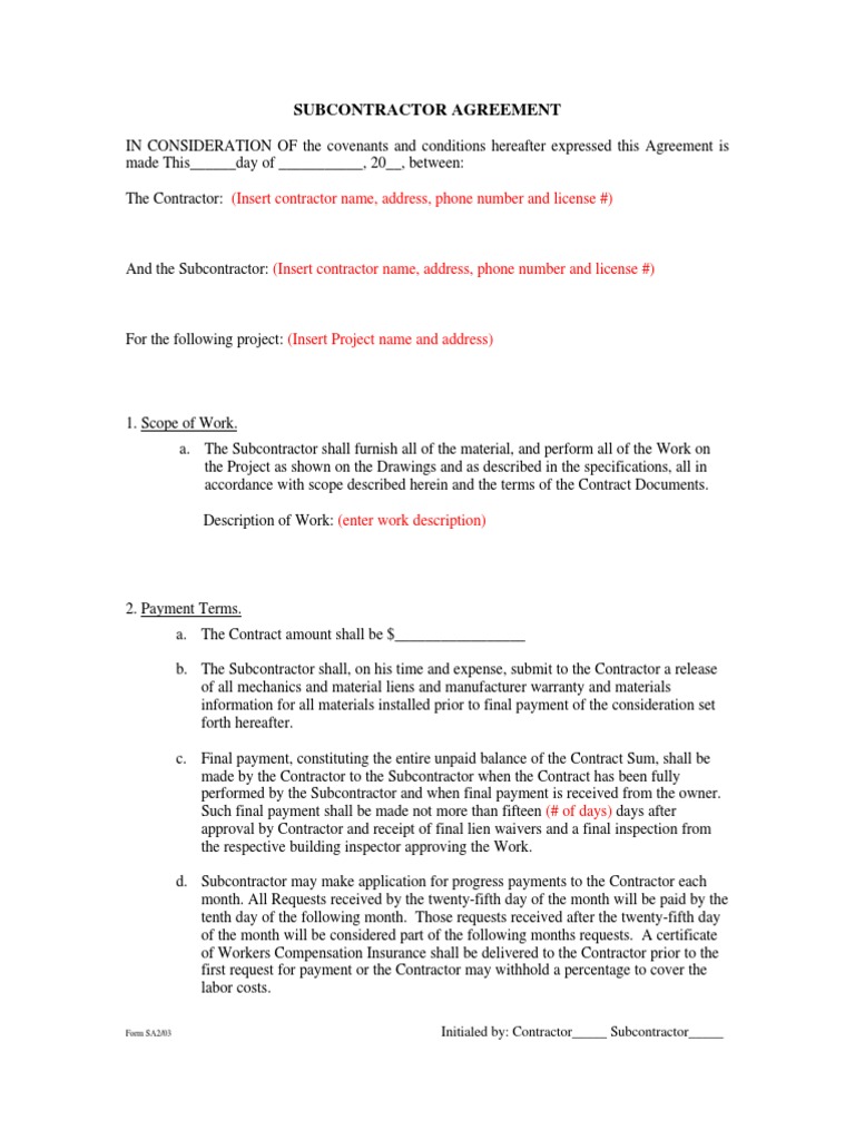 Sample Subcontractor Agreement | PDF | General Contractor | Lien