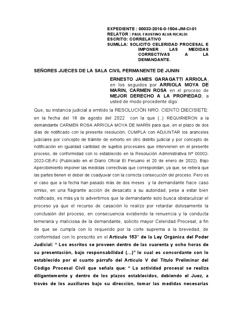 Escrito Celeridad Procesal Ernesto Sala 24-10-2022 | PDF | Ley procesal | Juez