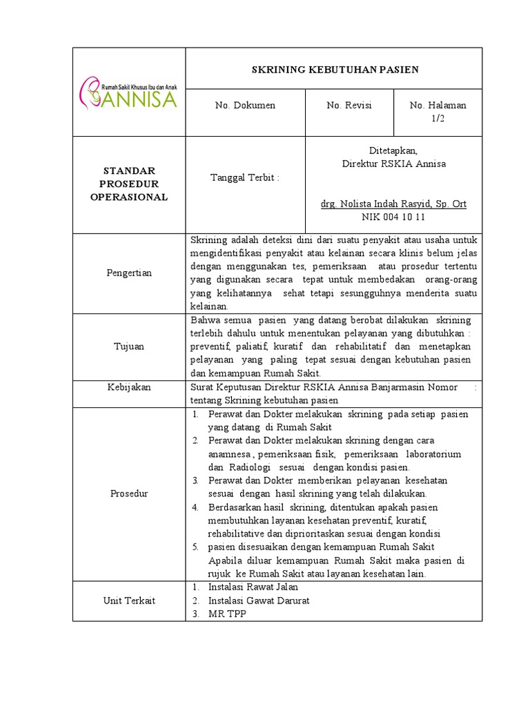 Sop Skrining Kebutuhan Pasien | PDF