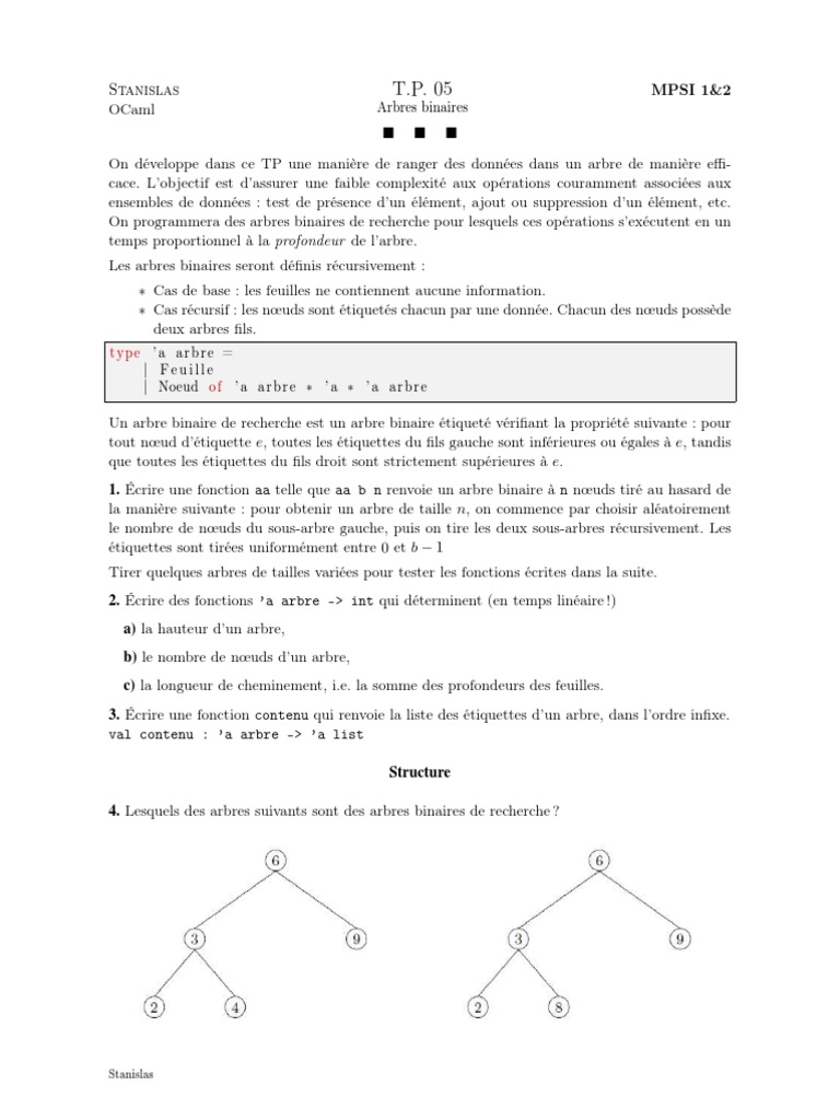 Arbres binaires : TP OCaml MPSI 1&2 | PDF | Programmation informatique | Informatique théorique