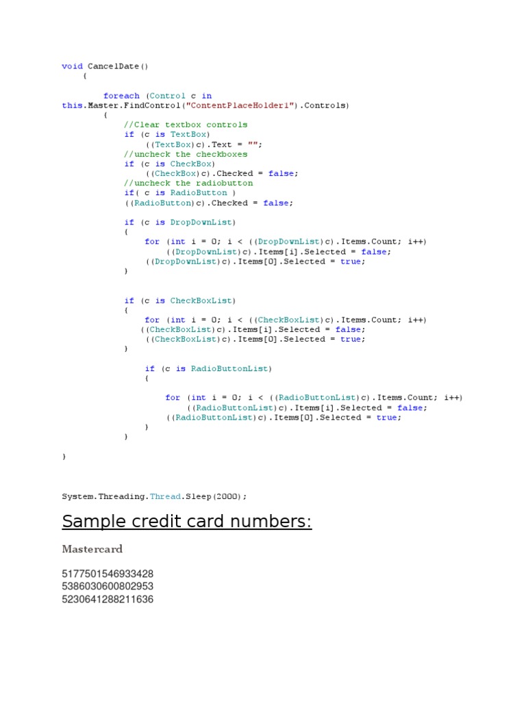 Sample Credit Card Numbers:: //clear Textbox Controls | PDF