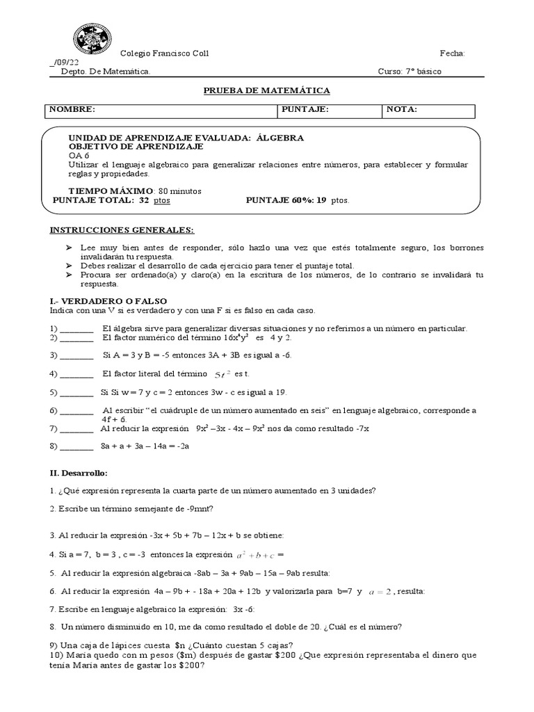 Guia Repaso Algebra 7°básico | PDF | Matemáticas