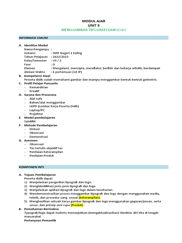 Modul Ajar Seni Rupa Unit 3 Titin | PDF | Karier & Perkembangan | Seni & Disiplin Bahasa