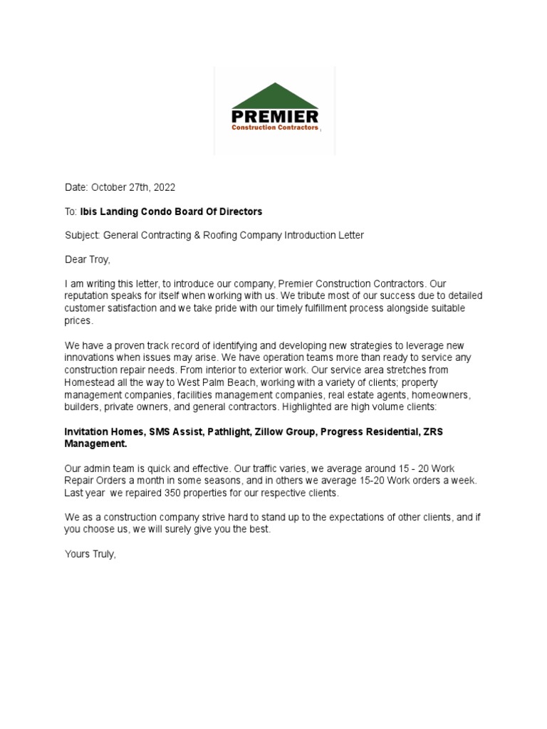 Presentation Letter Premier Construction Contractors | PDF