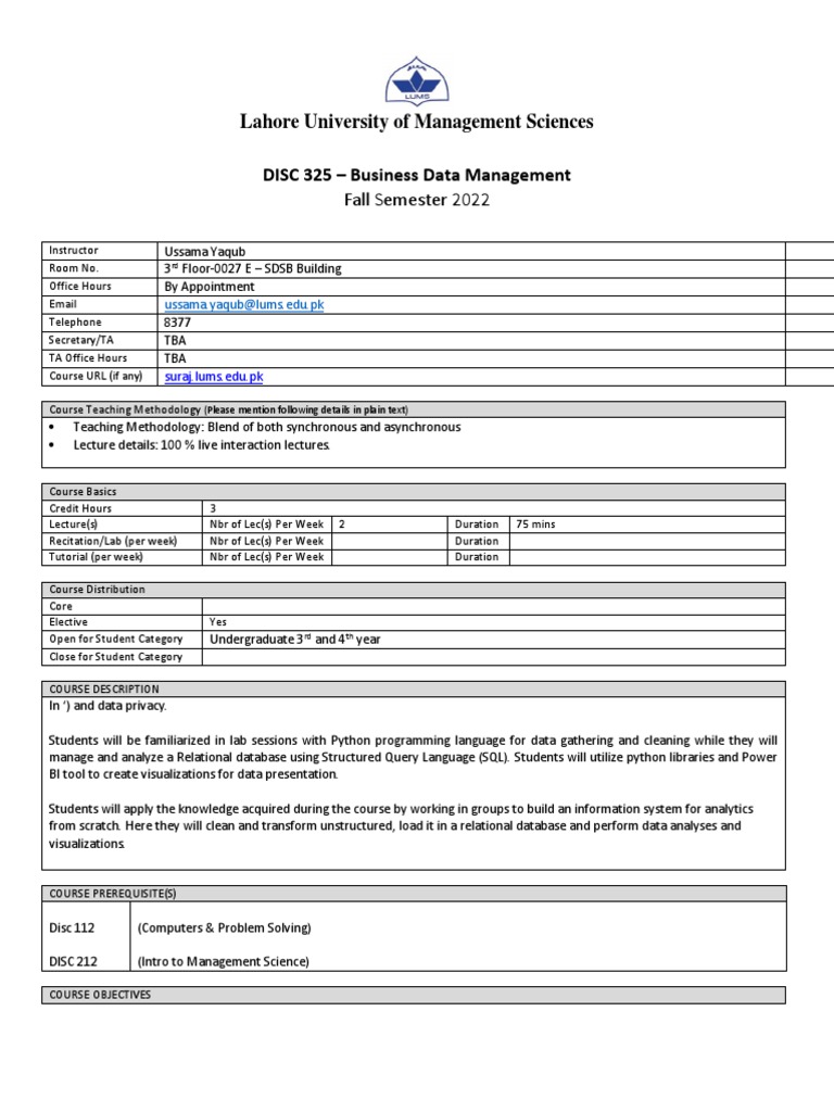 DISC 325 - Business Data Management - Section 1 - Ussama Yaqub | PDF | Databases | Relational ...