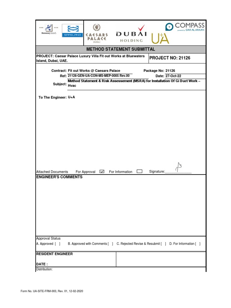 Method Statement & Risk Assessment Installation of GI Duct Works | PDF | Duct (Flow) | Safety