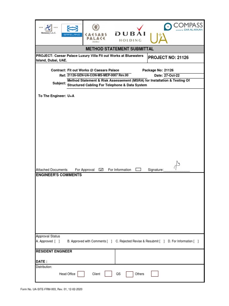Method Statement And Risk Assessment Installation Of Structured Cabling