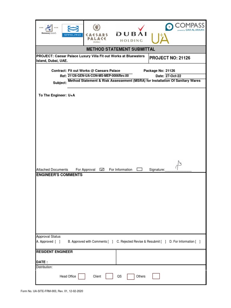 Method Statement & Risk Assessment Installation of Sanitary Wares | PDF | Sink | Tap (Valve)