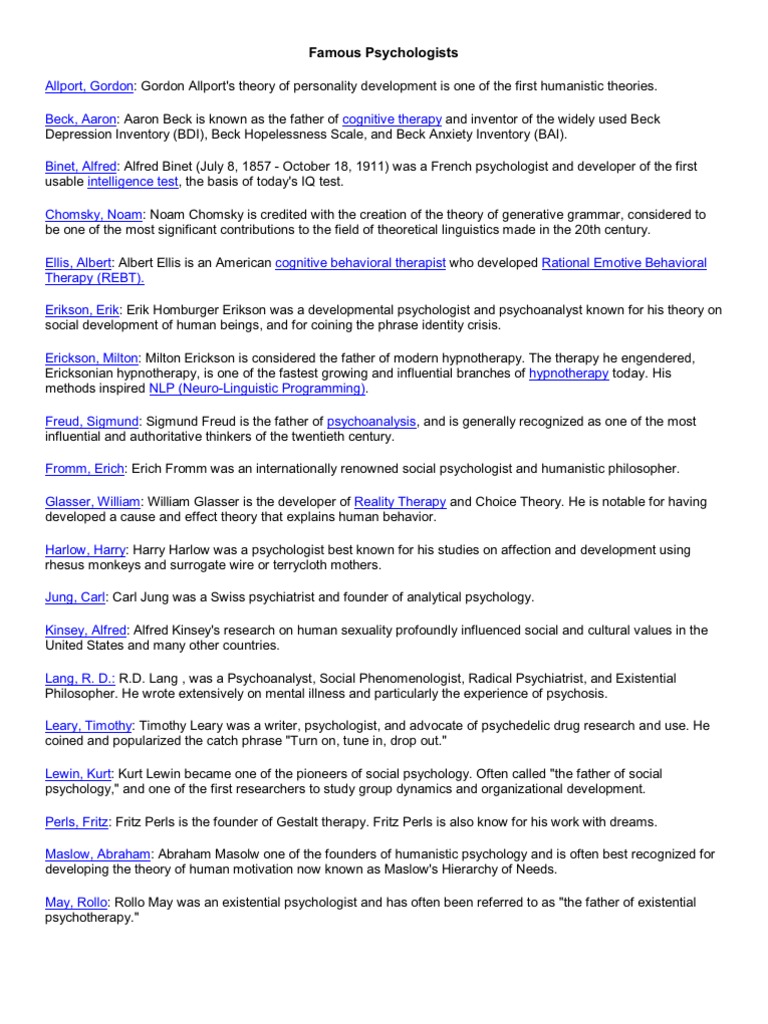 Famous Psychologists | PDF | Behaviorism | Psychotherapy