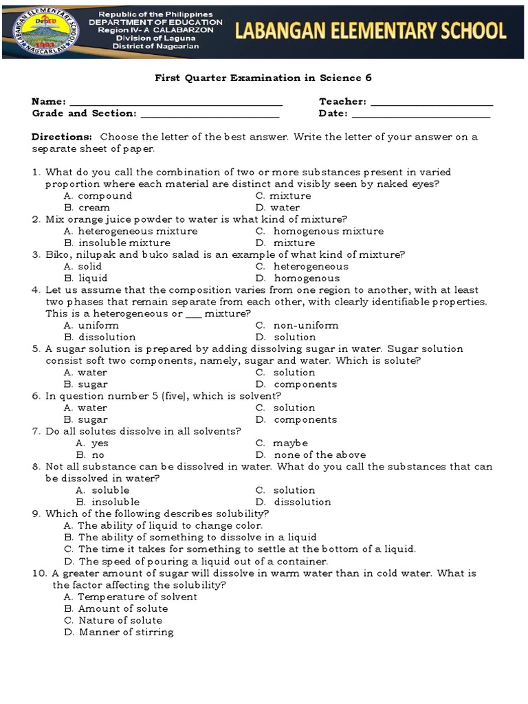 First Periodical Examination in Science 6 | PDF | Mixture | Solubility